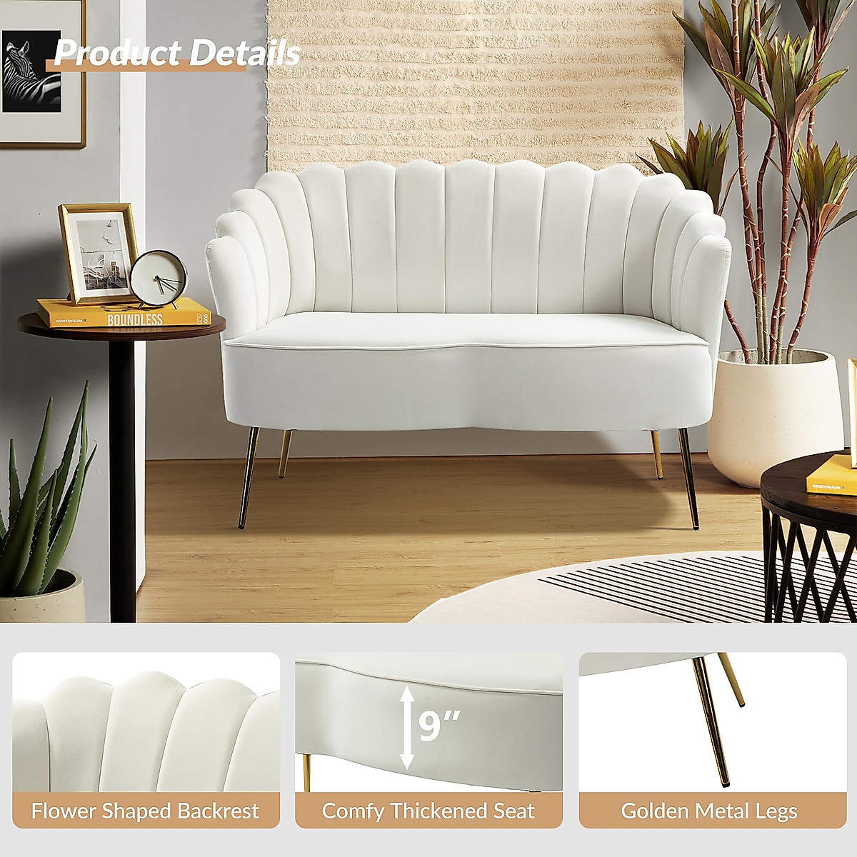 HULALA HOME Modern Velvet Loveseat Sofa with Flower Shaped Back, Comfy Upholstered 2-Seater Sofa with Gold Metal Legs, Small Love Seat Accent Couch for Living Bedroom Leisure Areas, Ivory