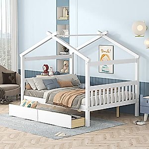 Merax Full Size Wooden House Bed with Two Drawers, Wood Bed Frame with Roof for Kids, Teens, Boys or Girls, White