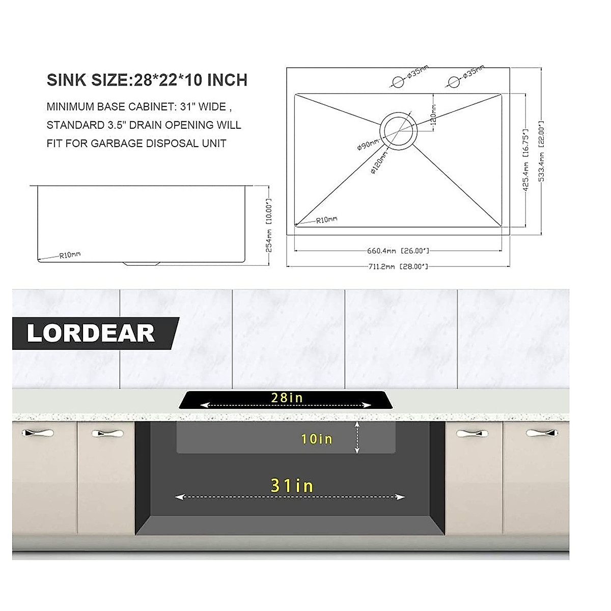 28 Kitchen Sink Drop In - Lordear 28 x 22 Kitchen Sink Single Bowl Drop In Stainless Steel 16-Gauge R10 Tight Radius Topmount Kitchen Sink