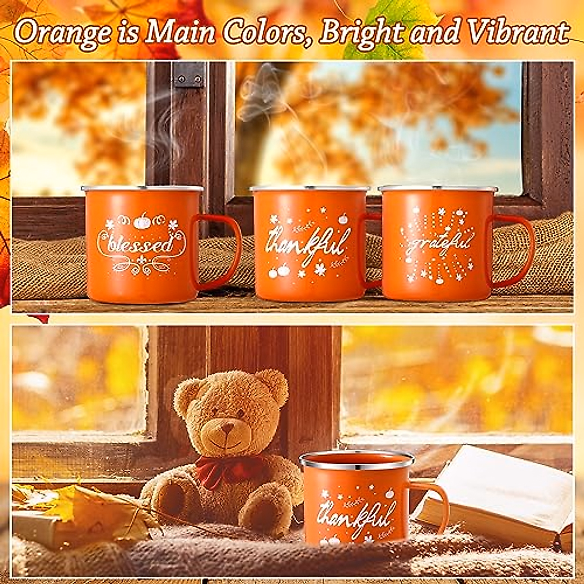 Uiifan 3 Pcs Fall Autumn Coffee Mugs 16 oz Enamel Pumpkin Mugs Cups Campfire Style Fall Mugs Grateful Thankful Tea Latte Mug for Thanksgiving Halloween Holiday Daily Supplies