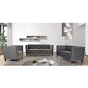US Pride Furniture Modern Style Soft Elegant High Density Foam Cool Grey Velvet Button-Tufted 3 PC Living Room Set with Removable Cushion & Solid Wood Legs (S5708-5714) Sofas