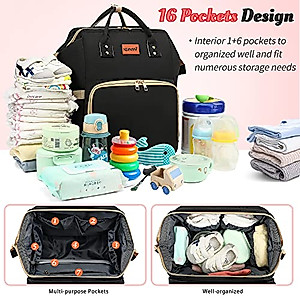 KUWANI Diaper Bag Backpack, Multifunction Travel Baby Changing Bags for Dad/Mom, Large Unisex Waterproof Diaper Backpack with Stroller Straps, Baby Registry Search(Black)