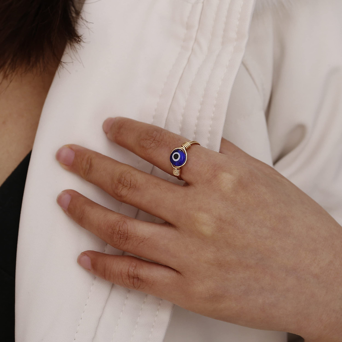 ASCOMY Delicate Evil Eye Ring for Women 14K Gold Plated Handmade Dark Blue Evil Eye Rings Stackable Turkish Faith Protection Wrapped Ring Everyday Jewelry Gifts Size 9