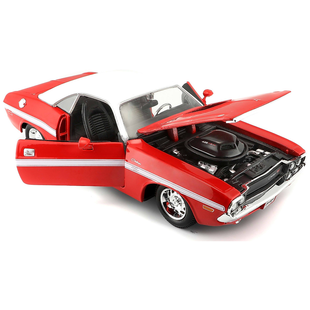1970 Dodge Challenger R/T Coupe Red with White Top and White Stripes 1/24 Diecast Model Car by Maisto