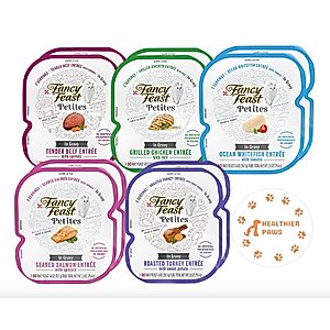Fancy Feast Gourmet Petites in Gravy Wet Cat Food Variety 5 Flavor Pack / 20 Servings / Beef, Chicken, Ocean Whitefish & Tuna, Salmon and Turkey with Healthier Paw Sticker!!