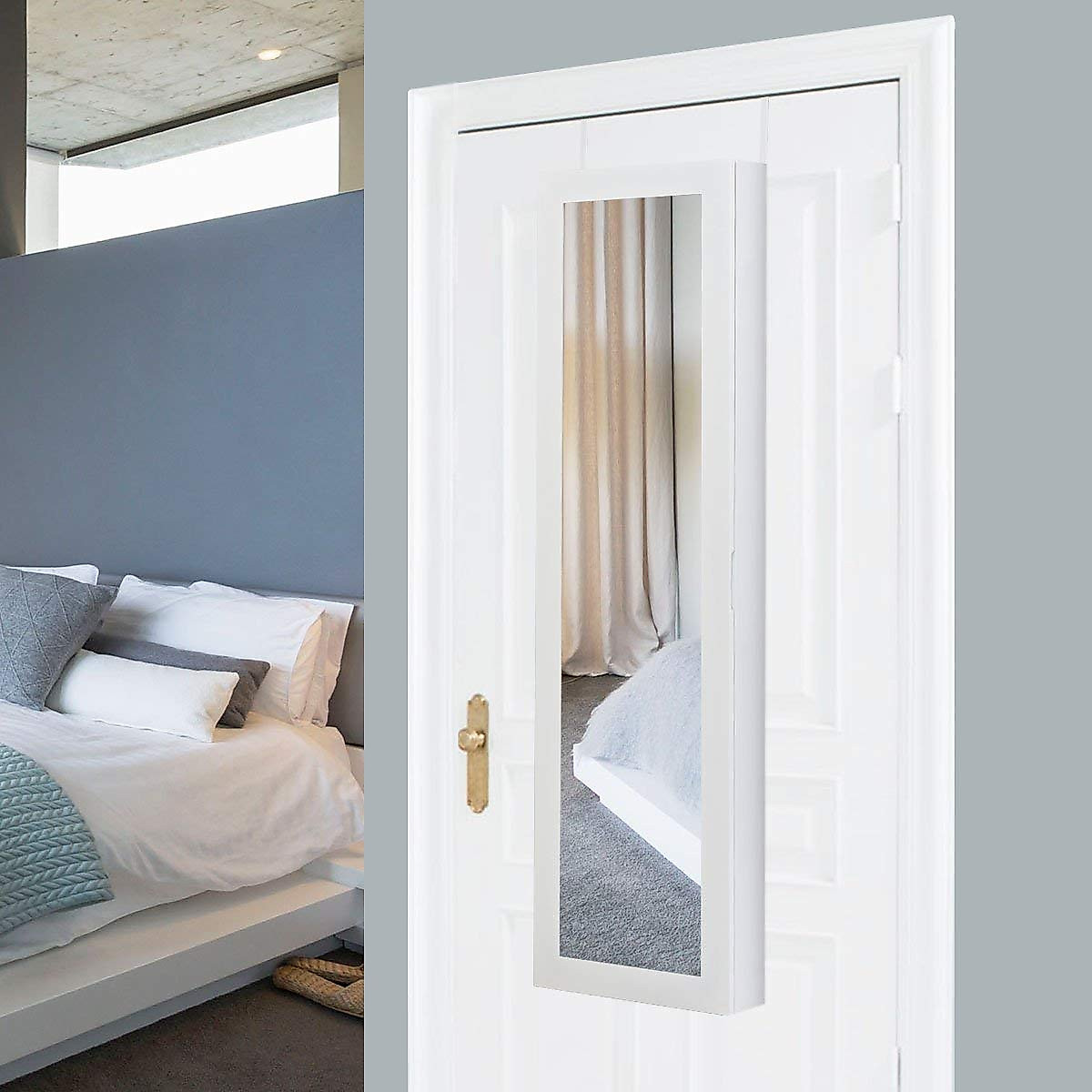 Giantex Wall Door Mounted Mirrored Jewelry Cabinet Jewelry Armoire Storage Organizer with Full Length Mirror Jewelry Cabinets (White)