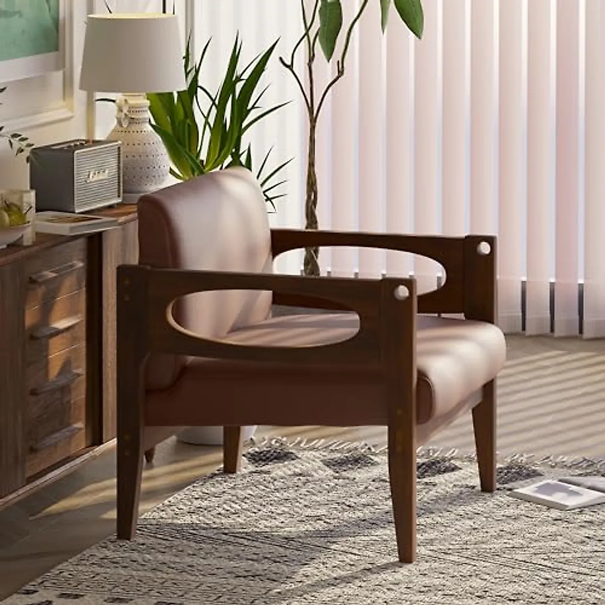 BAOMKONG Accent Chair,Mid-Century Modern Chair with Solid Wood and PU Leather Upholstered,Armchair for Living Room, Bedroom, Lounge, Balcony (Brown)