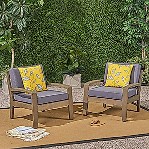 Christopher Knight Home Grenada Outdoor Acacia Wood Club Chairs with Water Resistant Cushions, 2-Pcs Set, Grey Finish / Dark Grey