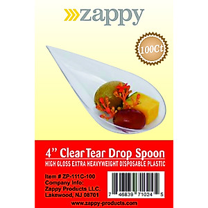 Zappy - 100 Clear 4 Inches Plastic Tear Drop Appetizer Spoon Clear Plastic Spoon Tasting Spoons Soup Spoons/Asian Spoon Dessert Dish Bowls Teardrop Plates Spoons