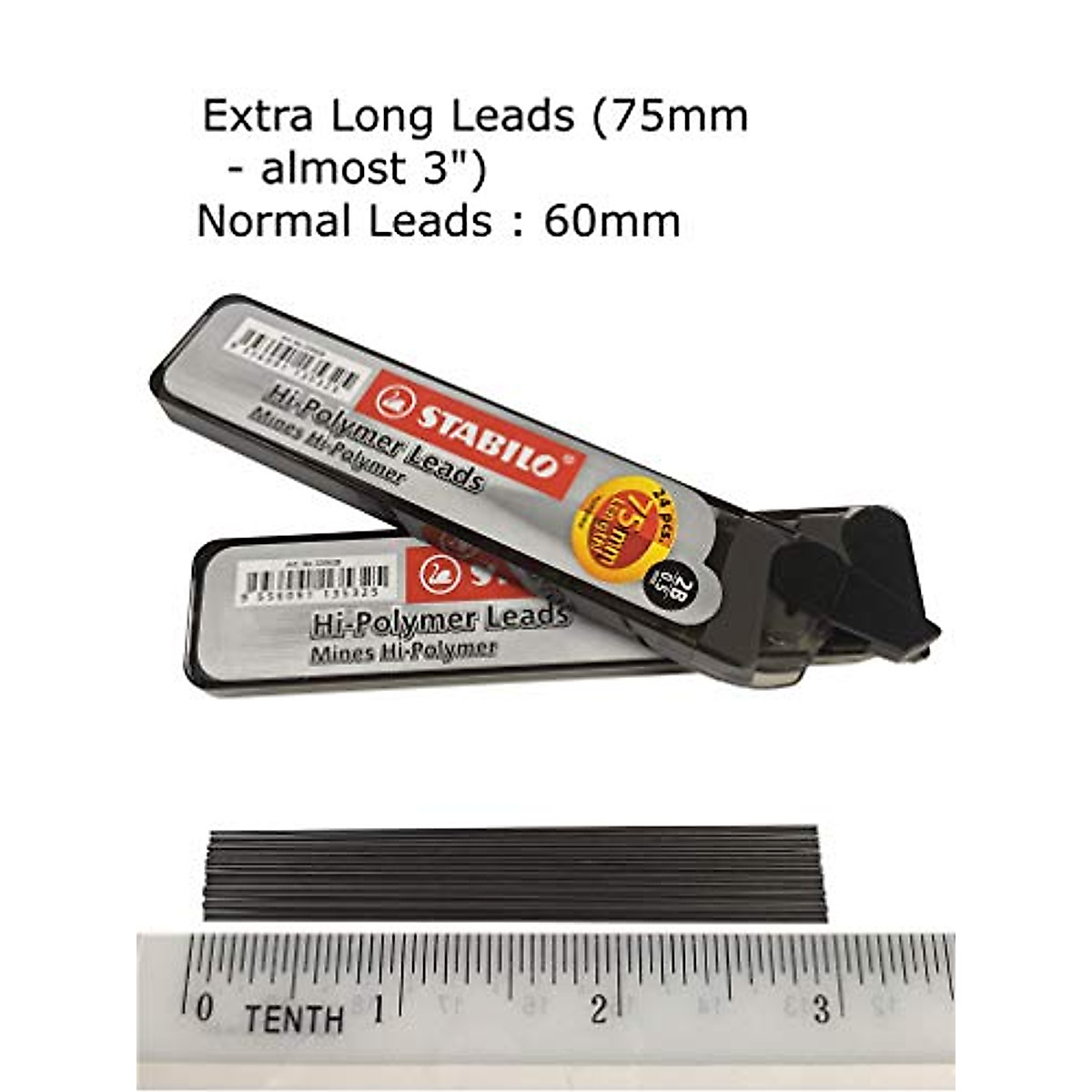 Stabilo Extra Long 0.5mm 2B Long Hi-Polymer Leads Fine Mechanical Pencil Lead Refills (8 Tubes, 24 Leads Per Tube - Total 192 Leads)