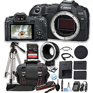 Canon EOS R8 Mirrorless Camera Body + 128GB Pro Speed Memory + EF-RF Lens Adapter +Case + Tripod -Proffesional Bundle (Renewed)