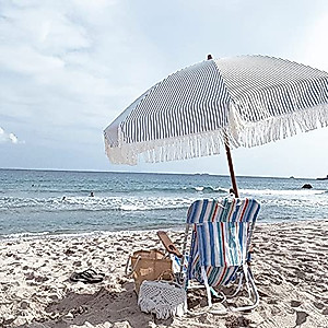 AMMSUN 7ft Patio Umbrella with Fringe Outdoor Tassel Umbrella UPF50+ Premium Steel Pole and Ribs Push Button Tilt,Navy Blue Stripes