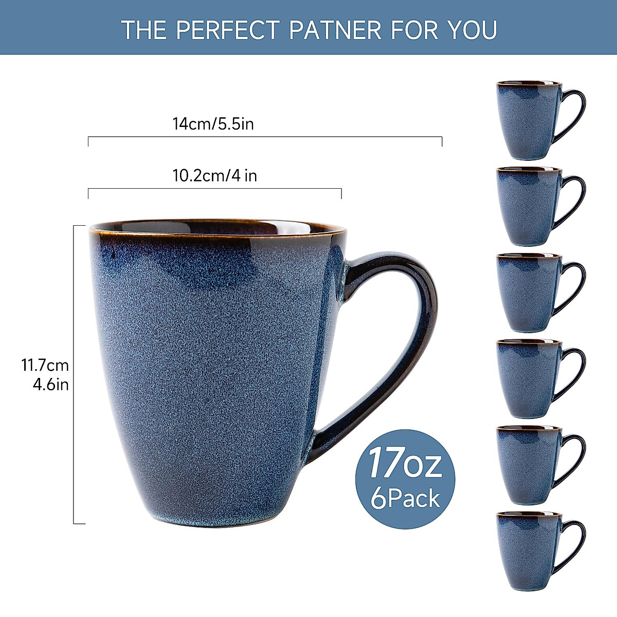 MONITO 17 OZ Coffee Mugs Set of 6, Large Ceramic Coffee Mugs，Modern Coffee Mugs Set with handle for Tea/Latte/Cappuccino/Milk/Cocoa, Funny Tea Cups for Office and Home, Engagement Gifts. (Starry Blue)