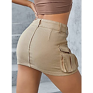 MakeMeChic Women's Y2K Skirt Low Rise Flap Pocket Mini Bodycon Denim Jean Skirt Khaki M