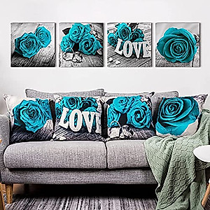 Teal Green Throw Pillow Covers 18x18 Set of 4, Turquoise Rose Flower Couch Pillow Cover Outdoor Patio Furniture Home Decor， Linen Cotton Square Grey Dark Blue Pillowcases Living Room Sofa Decorative