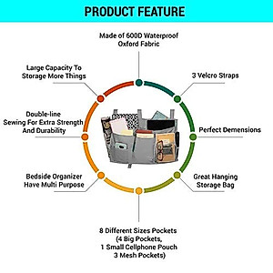 Corodo Bedside Caddy, Bedside Organizer for Dorm Bed, Bunk Bed Caddy with 8 Pockets for Baby Bed, Hospital Beds, Grey