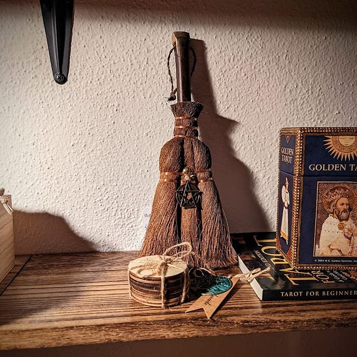 OKDOKEY 9.4" Witch Altar Broom & Four Elements and Pentacle Wood Runes Set | Miniature Pentagram Wicca Brush | Handmade Mane Broomstick for Majic Ceremonial, Halloween Broom, Wiccan Ritual Broom