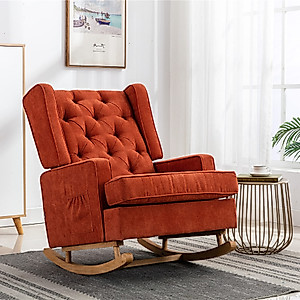 Dolonm Nursery Rocking Chair Upholstered Mid Century Modern Rocker Oversized Wingback Armchair for Living Room with Solid Wood Base (Orange)