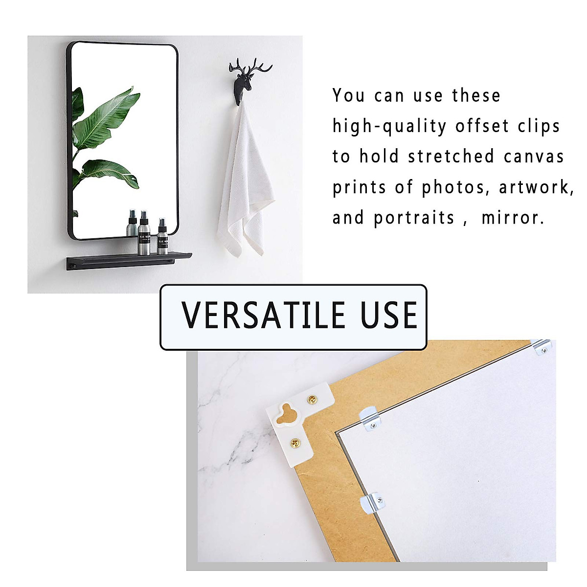 FENFEI Offset Canvas Clips with Screws, 32 Pack Heavy Duty Picture Framing Mirror Clips (1/8 inch, 1/4 inch, 3/8 inch, 1/2 inch)