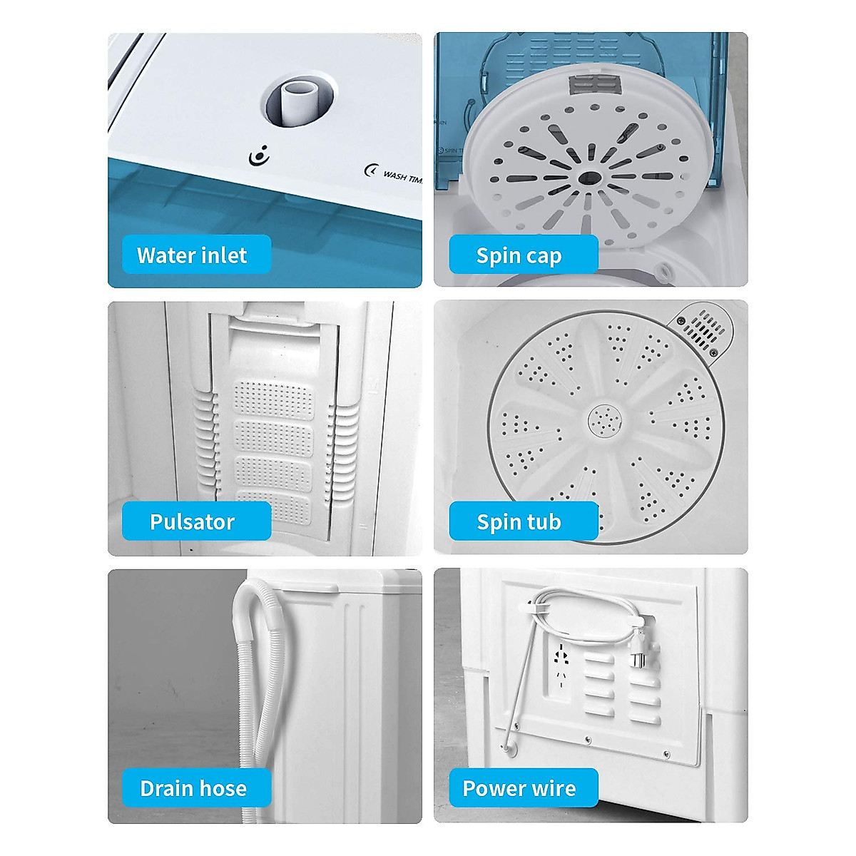 KUPPET Compact Twin Tub Portable Mini Washing Machine 21lbs Capacity, Washer(14.4lbs)&Spiner(6.6lbs)/Built-in Drain Pump/Semi-Automatic, White&Blue