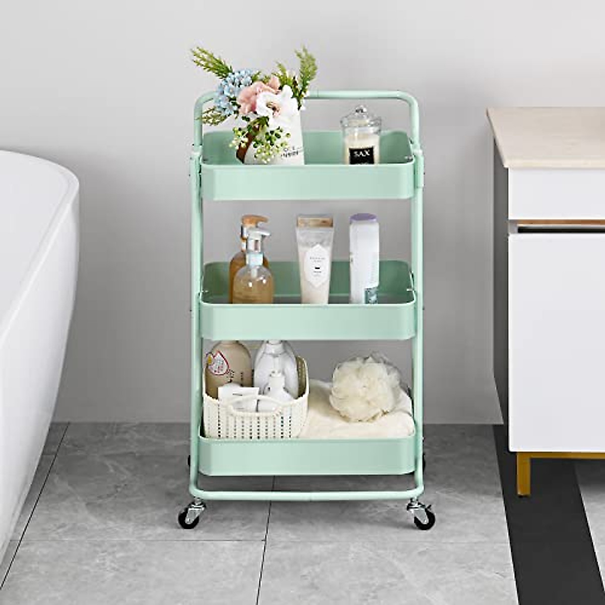 TOOLF 3 Tier Metal Rolling Cart, Utility Cart with Handle, Multifunction Storage Cart with Lockable Wheels, Serving Organizer Trolley with Mesh Basket for Kitchen, Bathroom, Office