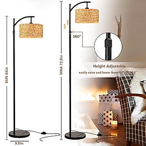 QIYIZM Floor Lamp for Living Room Bedroom Farmhouse Arc Rattan Boho Standing Lamp with Remote Dimmable Black Wicker Bamboo Lamp Shade Floor Light Adjustable Tall Lamp Industrial Floor Lamps Bohemian