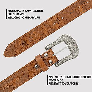 XuoAz Women Vintage-Western PU Leather Rhinestone-Buckle-Belt Cowgirl Bling-Diamond Country Waist Belts(for 33" to 38" Waist)