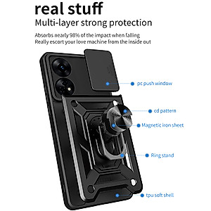 CCSmall for Oppo Reno8 T 4G (Not 5G) Case with Slide Camera Cover, Military Grade Drop Protective Phone Cover Case with Ring Kickstand for Oppo Reno 8T 4G SJ Black