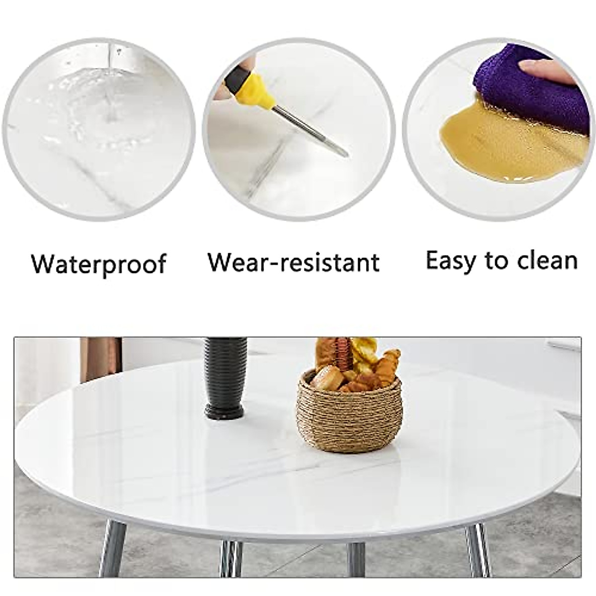 Round Dining Table Set for 4,White Wooden Kitchen Table and Chairs for Small Dining Room, Marble-Like Table Top with Metal Legs,5 Pieces Modern kitchen & dining room sets, Perfect for Dining Room