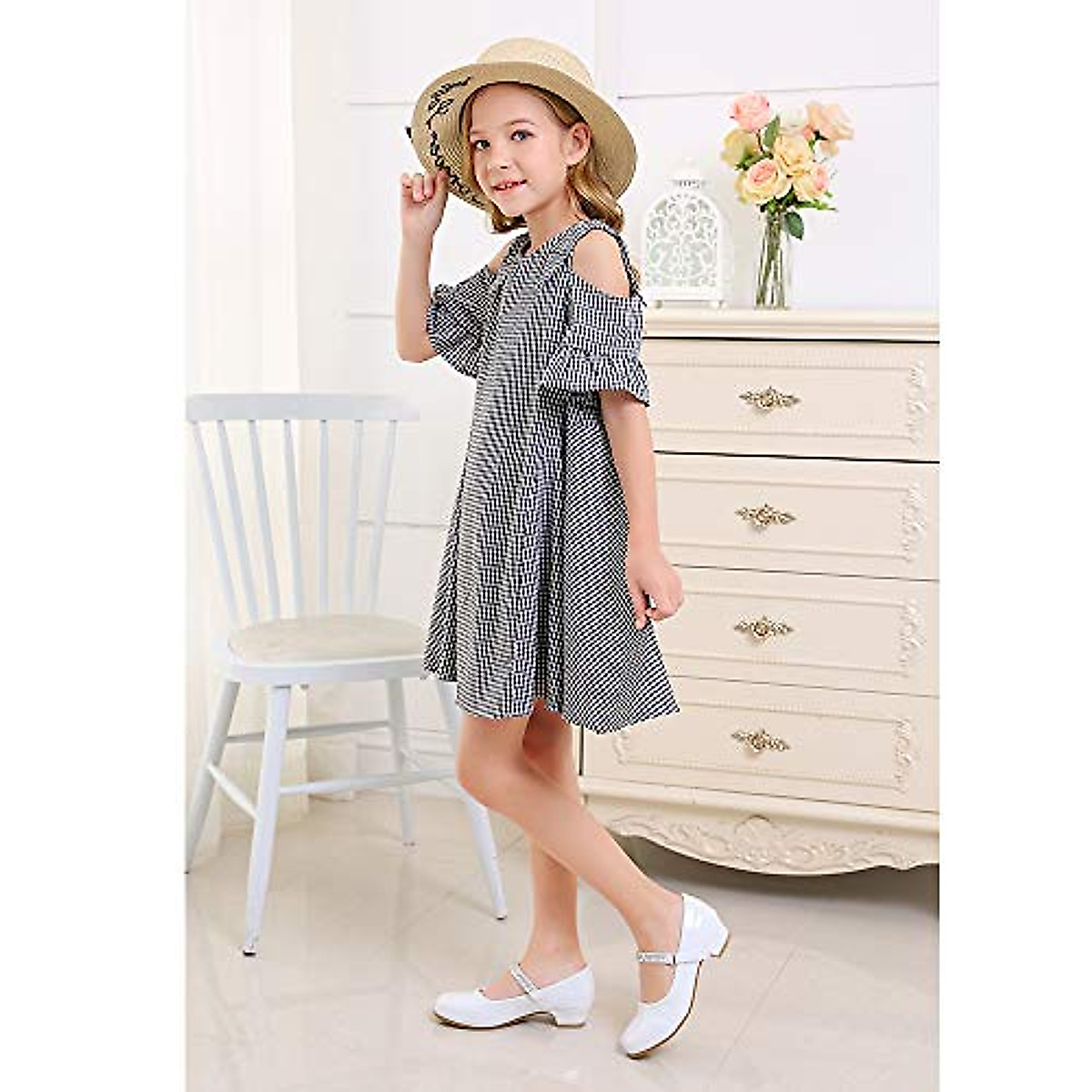 Stelle Girls Dress Shoes Toddler White Flower Girl Low Heels Mary Jane Flat for School Uniform Wedding(Little/Big kid)(7MT, T02-White)