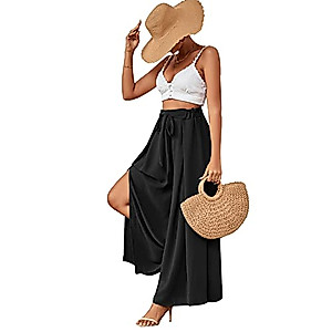 LYANER Women's Tie Front High Waist Side Split Slit Flowy Wide Leg Pleated Pant with Belt Solid Black XX-Large