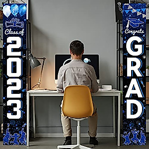 2023 Graduation Decorations-Class of 2023 Congrats Grad Porch Sign Banner,Door Hanging Welcome Banner for Blue Graduation Party Supplies