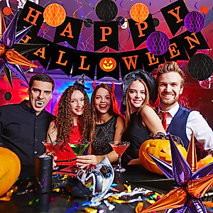 Happy Halloween Banner Decorations Kit with Star Balloons Honeycomb Balls Metallic Hanging Swirls Circle Dot Garland for Halloween Party Decorations