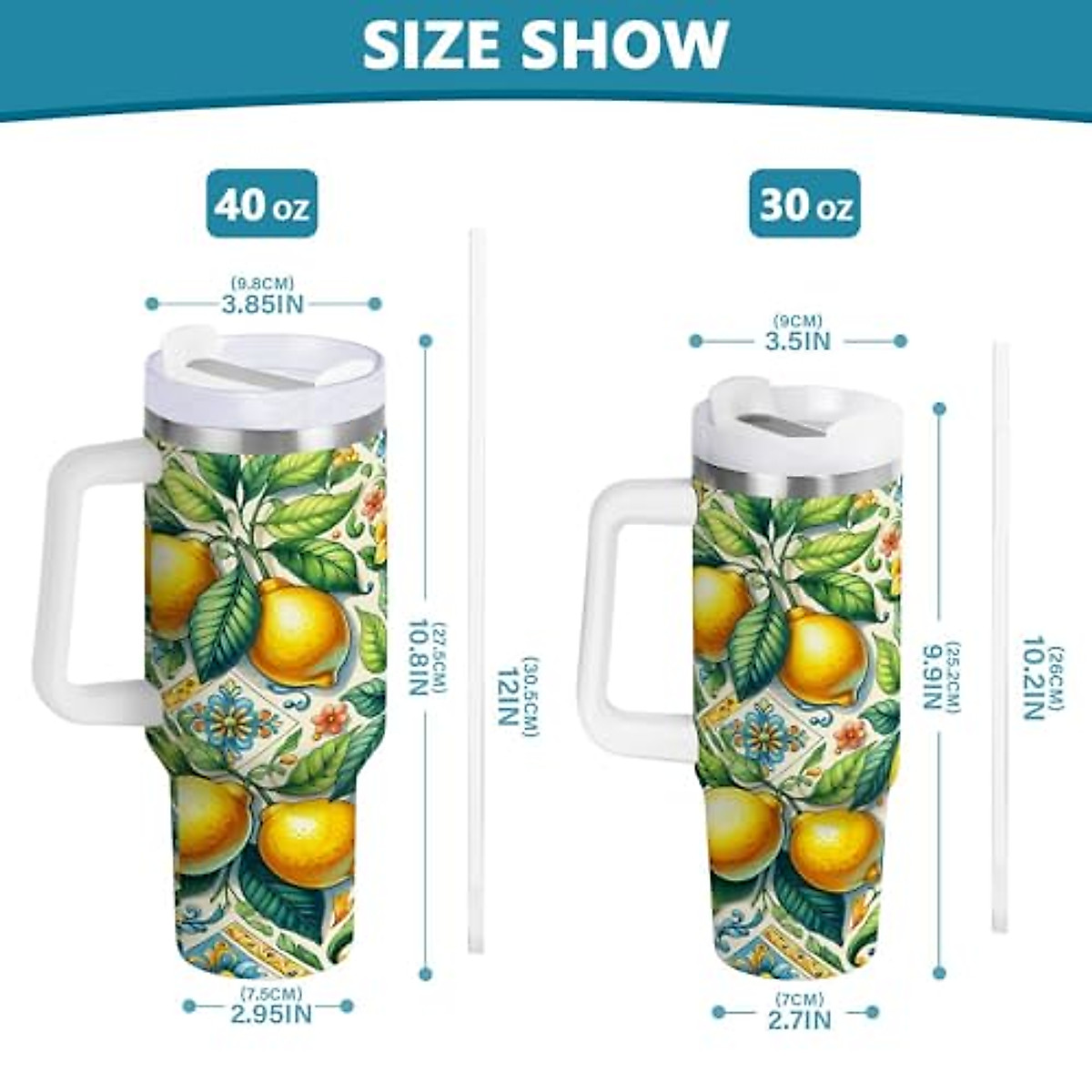 Jihqo Ceramic Tile Lemon Leaves 40 oz Stainless Steel Vacuum Insulated Tumbler with Handle and Straw Lid, Leakproof Water Bottle Double Wall Travel Mug Coffee Cup, Cupholder Friendly