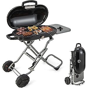 Giantex Gas Grill, Portable Propane Grill with 15,000 BTUs Burner, Side Table, 2 Wheels, Grease Tray, Metal Frame, Folding Stand-Up Propane Gas Grill for Outdoor Cooking Camping Barbecue (Black)