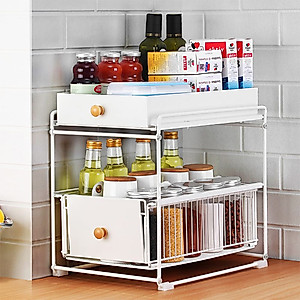 Under Sink Organizer and Storage, 2-Tier Cabinet Organizer with Sliding Baskets Drawer, Bathroom Countertop Storage Shelf Kitchen Under Sink Storage Rack (White)