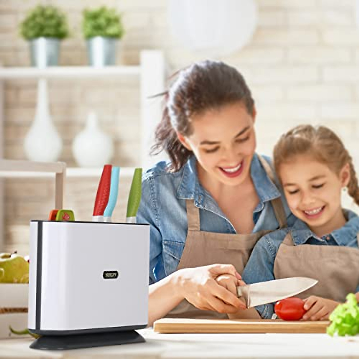 Smart Cutting Board and Knife Set with Stand, Knife Block Holder, Self Cleaning Chopping Board for Kitchen/Outdoor Camping, 4 Knives, 2 Color Chopping Boards, USB/Solar Charging, Portable and Clean