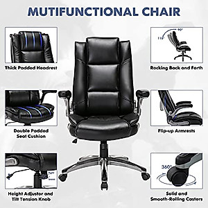 High Back Executive Office Chair-Ergonomic Bonded Leather Computer Chair with Flip-up Arms, Adjustable Tilt Tension, Padded Armrests, Swivel Rolling Home Desk Chair-Black,300lbs