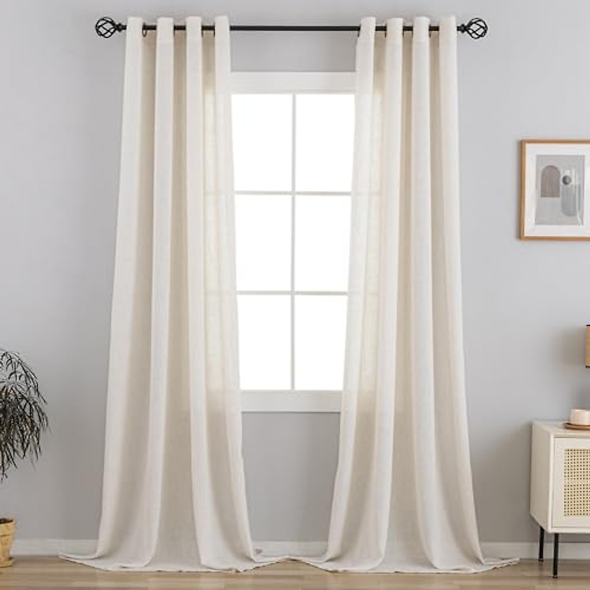 VOILYBIRD Palma 108 Inches Long Bronze Grommet Sheer Curtains for Living Room Natural Color Draperies (52''W x 108''L, 2 Panels, Linen)