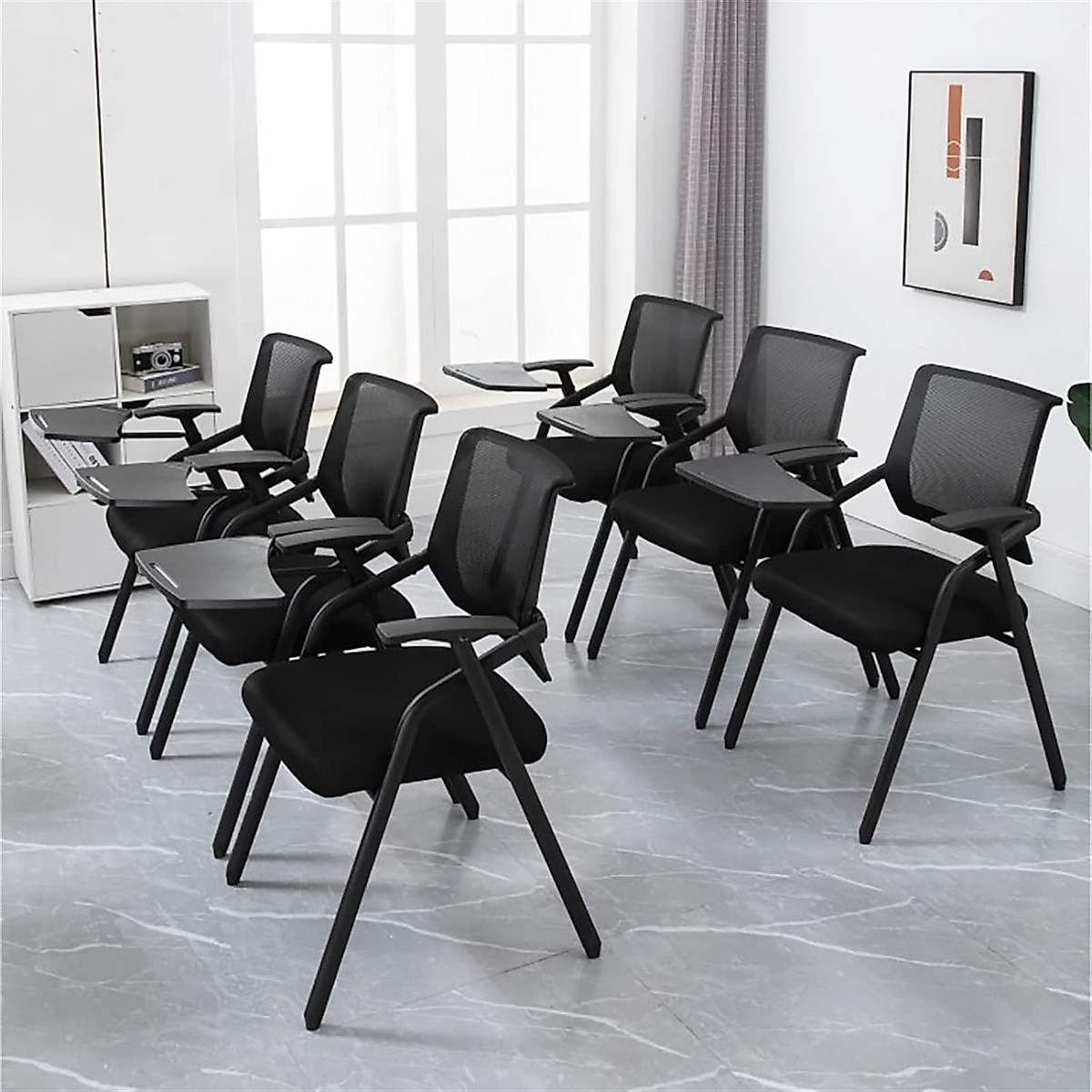 MEHWSUR Classroom Chair with Desk Attached,Folding Mesh Office Chairs with Lumbar Support,Tablet Arm Chair with Right Handed Flip-Up Tablet Arm,Mesh Guest Reception Stack Chairs (Color : Black)