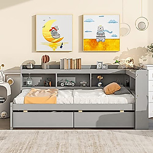BIADNBZ Twin Size Platform Bed Daybed with L-Shaped Bookcases and 2 Drawers, Wooden Captain Bedframe w/Storage Headboard, for Kids Teens Adult, Bedroom/Living Room Furniture, Gray
