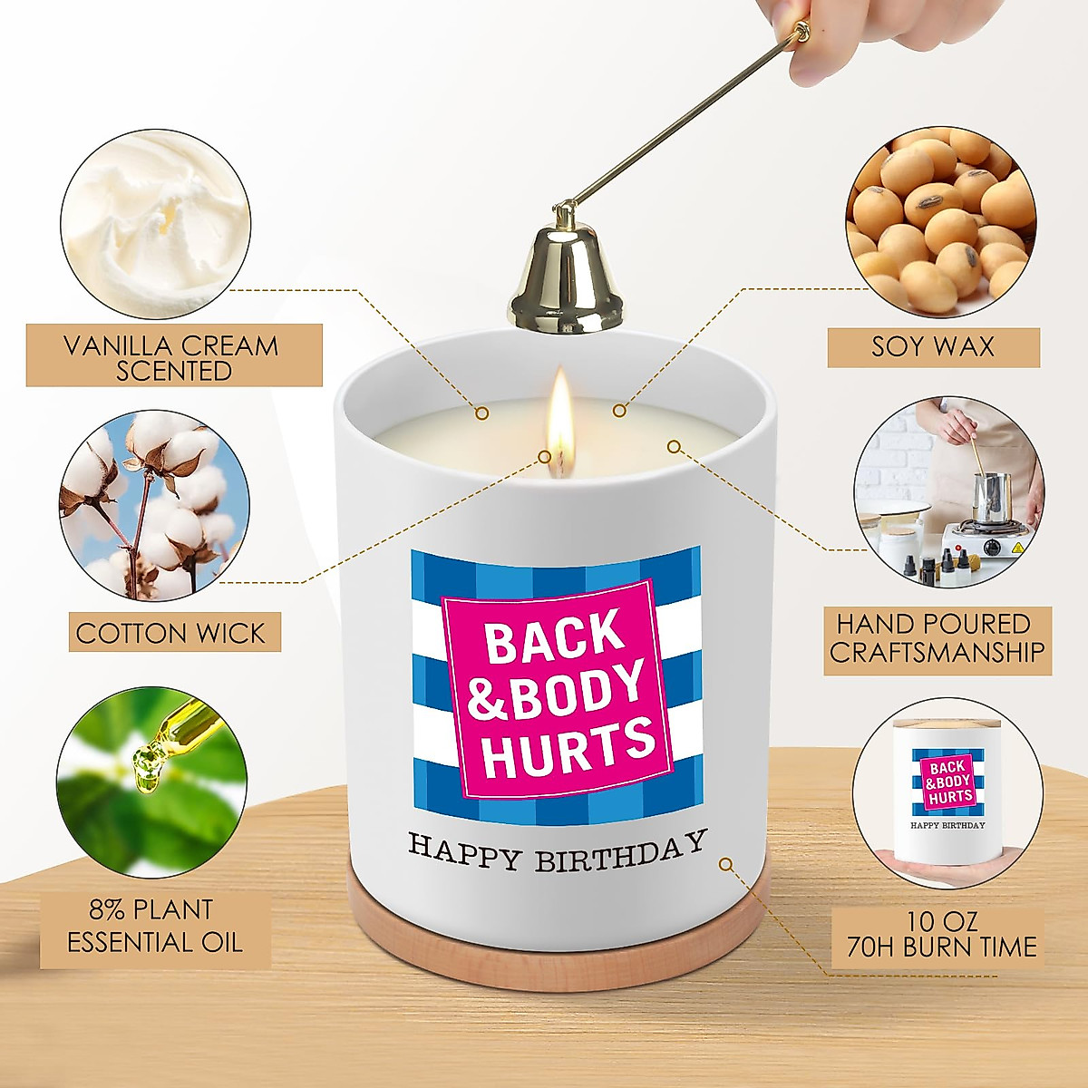 Birthday Candle Gifts, Funny Happy Birthday Candle Gifts, Unique Christmas Birthday Gifts Ideas for Mom, Dad, Sister, Coworker, Back and Body Hurts Scented Soy Candle, 10OZ