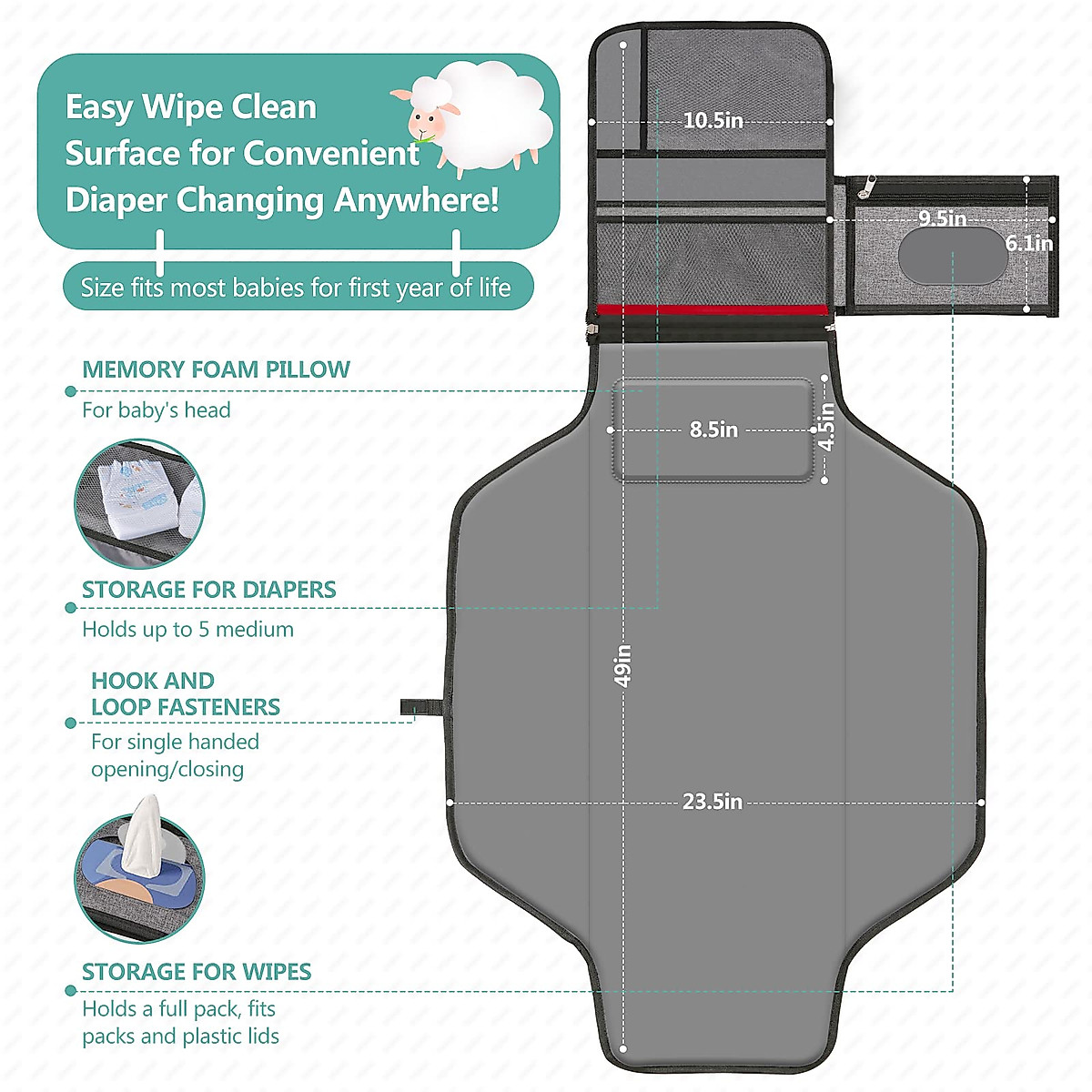 Smart eLf Large Portable Diaper Changing Pad for Newborn, Travel Changing Station with Detachable Waterproof PEVA Mat - Perfect Baby Shower Gifts
