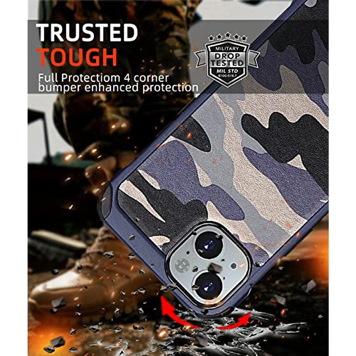 YOVIAKK for iPhone 13 Mini 5.4 Inch Camo Case Military Grade Armor Hybrid Phone Case [Camouflage Design] Heavy Duty Tough Rugged Case for Boys Men, Blue