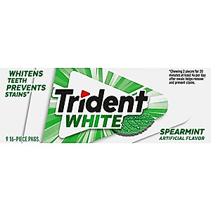 Trident White Spearmint Sugar Free Gum, 9 Pack of 16 Pieces (144 Total Pieces)