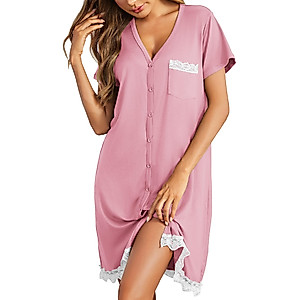 Ekouaer Ladies Night Gown Deep V Neck Short Sleeve Nightshirts Pj Dress Button Pajama Dress Pink