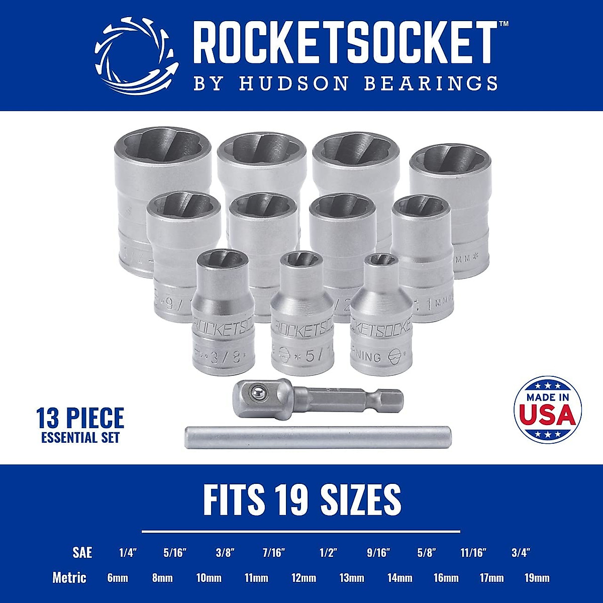 ROCKETSOCKET | 13 Piece Impact Grade Extraction Socket Set | Made in USA | ⅜” Drive | Remove stripped, frozen, rounded-off Bolts, Nuts & Screws
