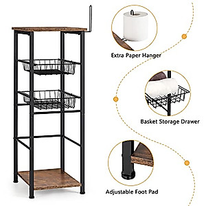 OYEAL Bathroom Floor Storage Cabinet 4 Tier Over The Toilet Storage Holder with Drawers Toilet Paper Holder Stand for Bathroom Laundry Room Entryway Kitchen Pantry, Rustic Brown