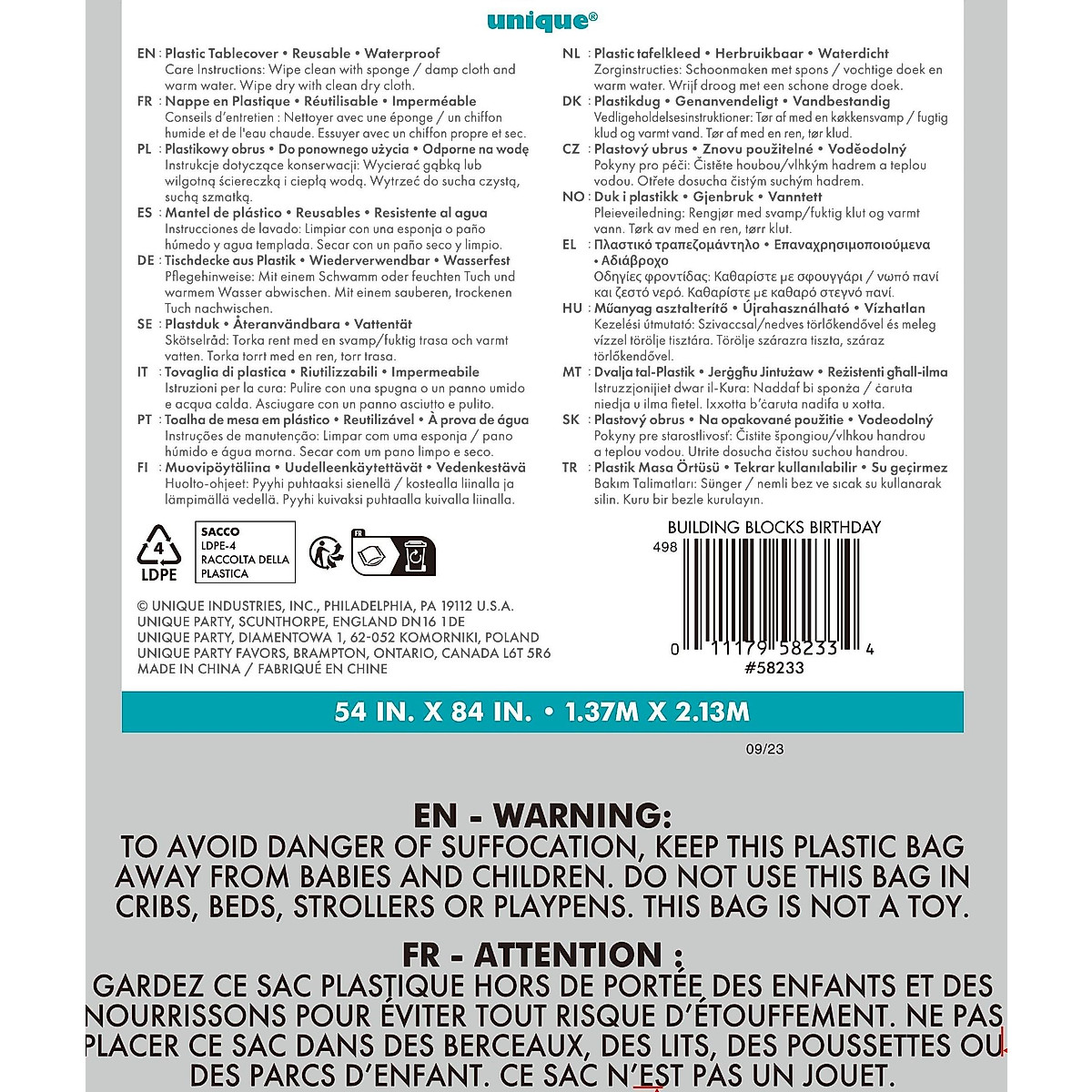 Building Blocks Birthday Plastic Tablecloth, 84" x 54"