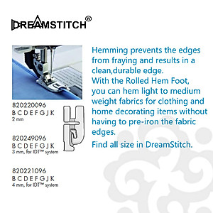 DREAMSTITCH 820249096 3mm Rolled Hem Presser Foot with IDT for Pfaff Sewing Machine ALT : 98-694818-00, 3820284-096,820284096,820249096